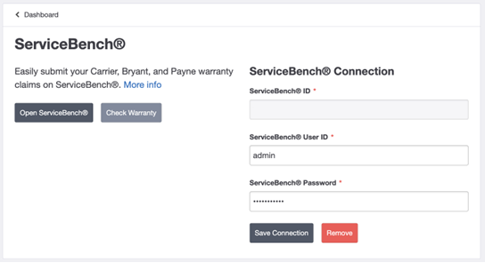 How do I connect ServiceBench® to my account?