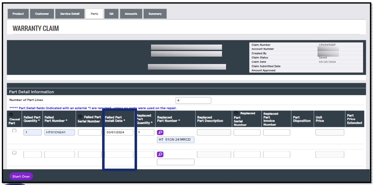How do I file a Service Parts Warranty Claim in ServiceBench?