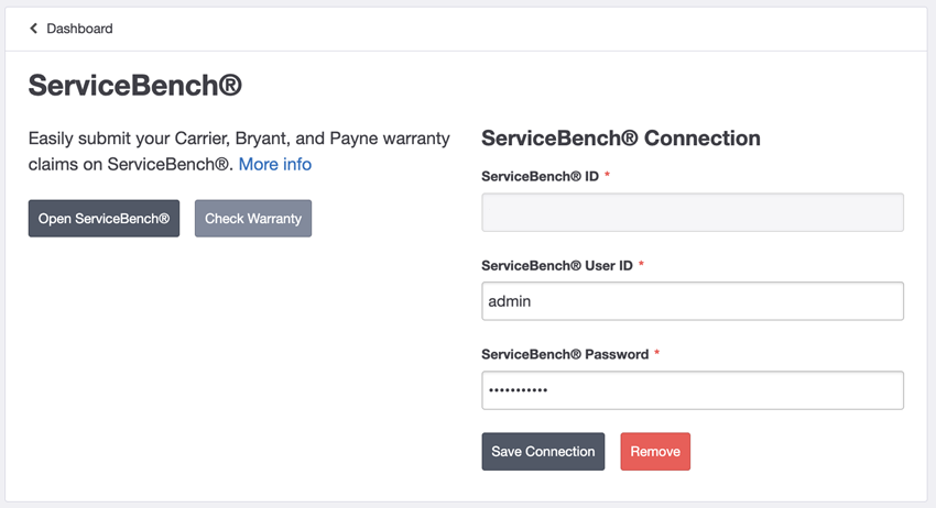 How do I connect ServiceBench® to my account?